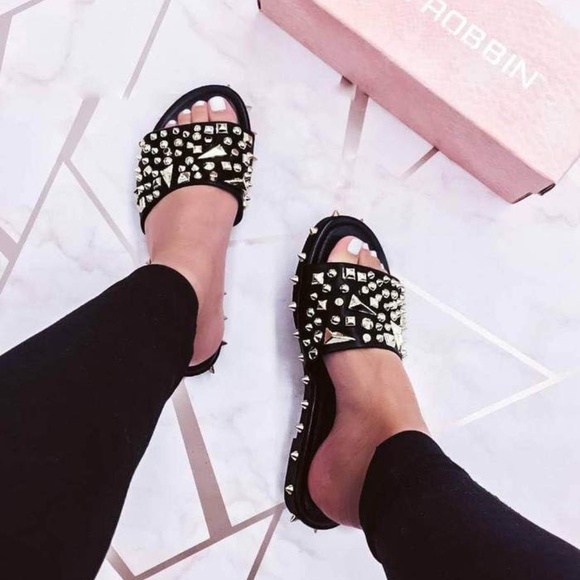 Cape Robbin | Shoes | Cape Robbin Black Open Toe Gold Studded Sandals ...